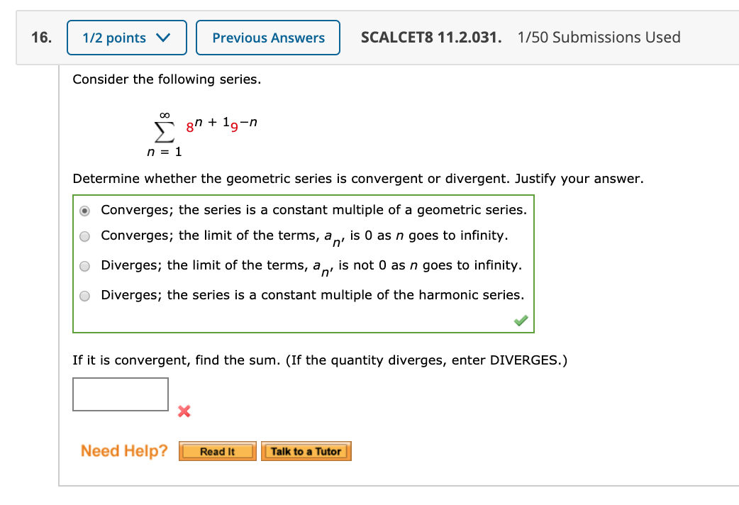 Solved 2/9 points v Previous Answers SCALCET8 11.2.006. 2/50 | Chegg.com