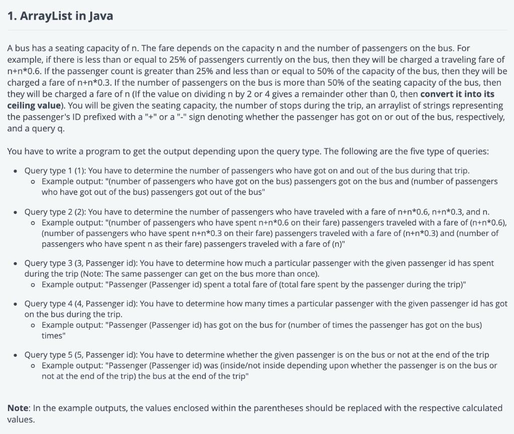 Solved 1. ArrayList in Java A bus has a seating capacity of | Chegg.com