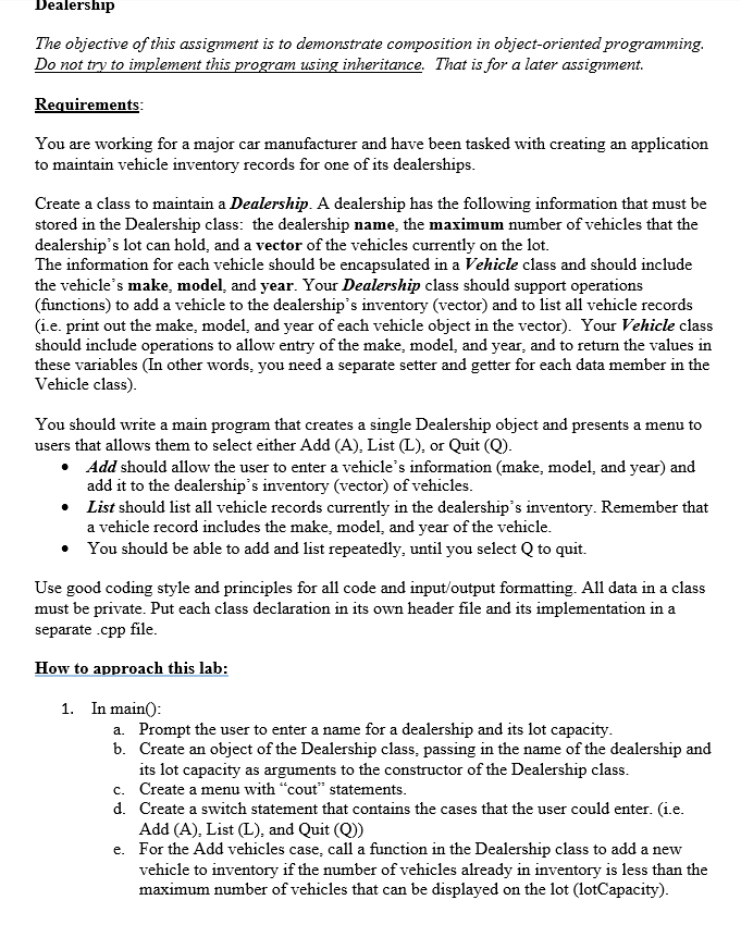 Solved Dealership The objective of this assignment is to | Chegg.com