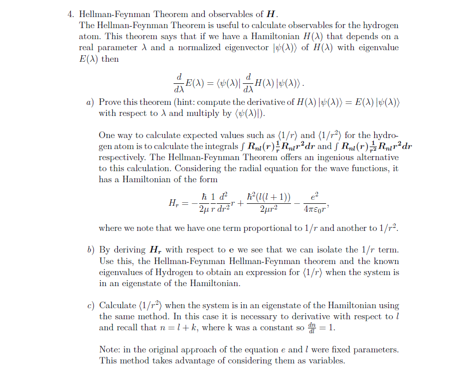 Solved 1. Hellman-Feynman Theorem and observables of H. The | Chegg.com