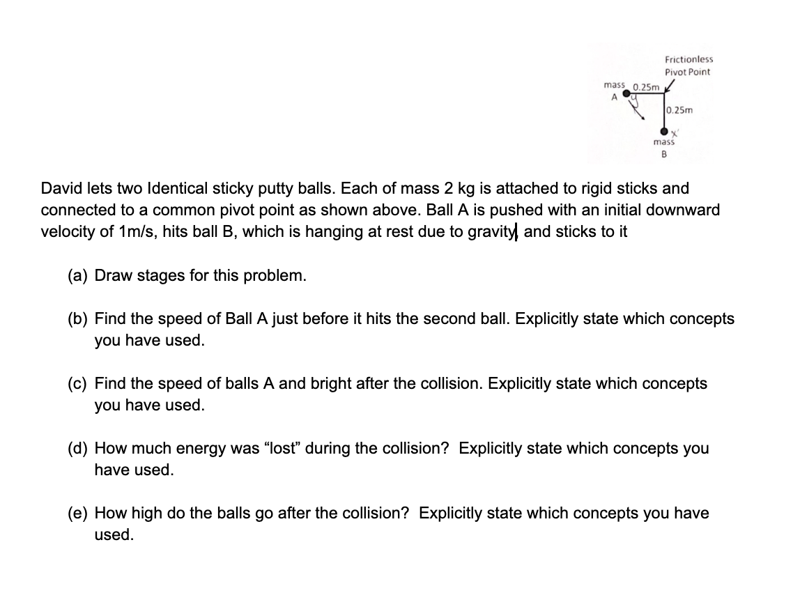 Solved Frictionless Pivot Point 0.25m mass 0.25m A mass B | Chegg.com