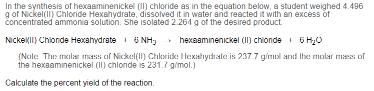 Solved In the synthesis of hexaaminenickel (II) chloride as | Chegg.com