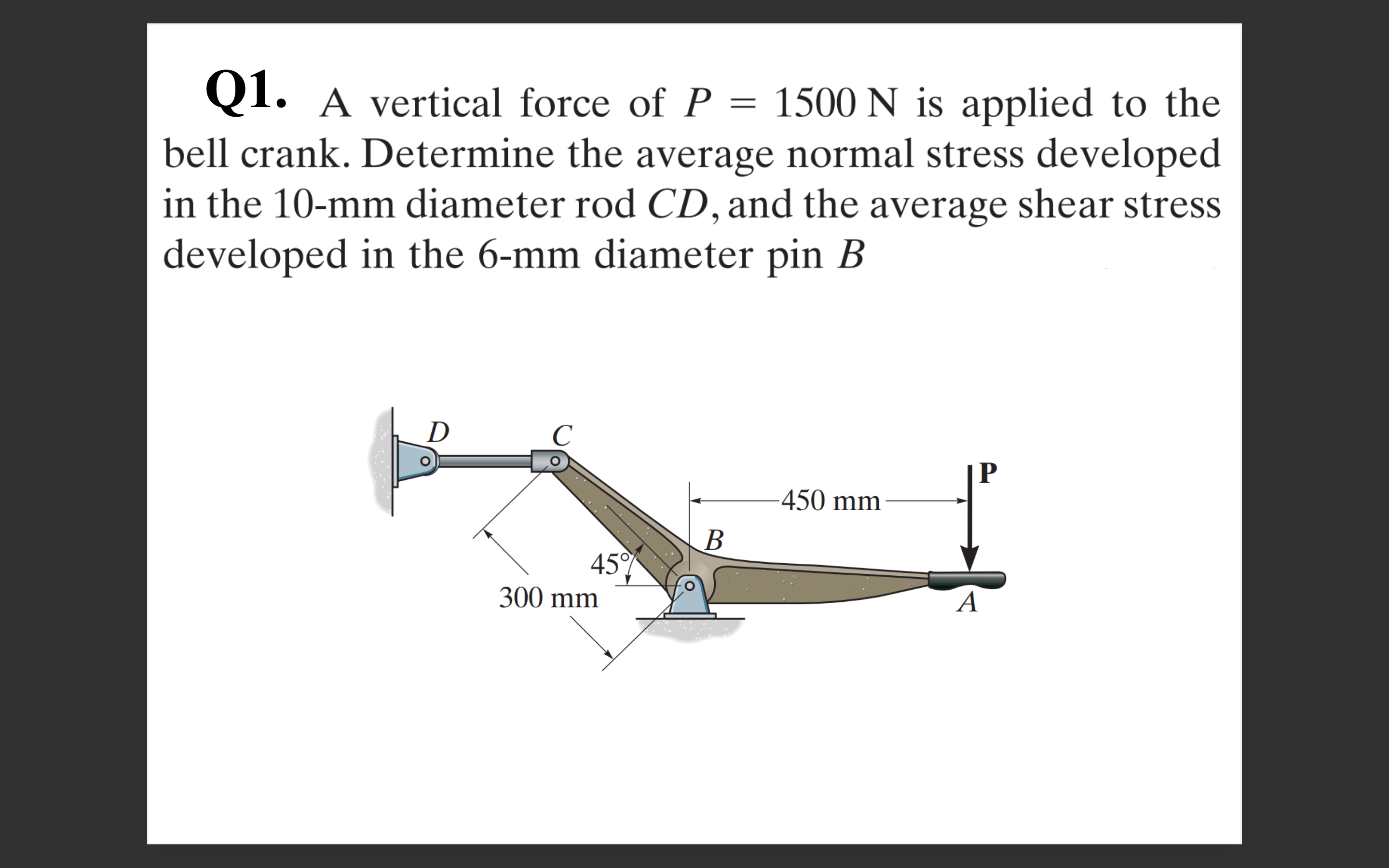 Solved Q1. ﻿A vertical force of P=1500N is ﻿applied to ﻿the | Chegg.com