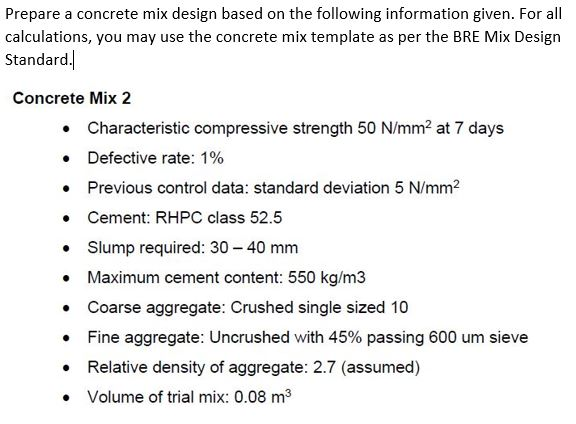 Solved Prepare a concrete mix design based on the following | Chegg.com