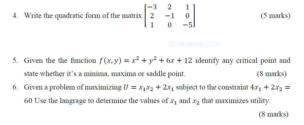 Solved 4. Write the quadratic form of the matrix | Chegg.com