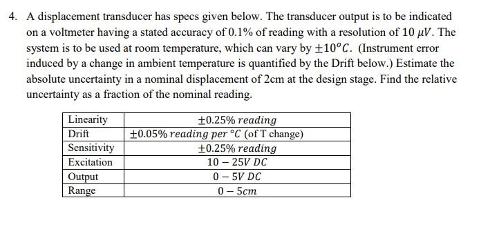 Solved 4. A displacement transducer has specs given below. | Chegg.com
