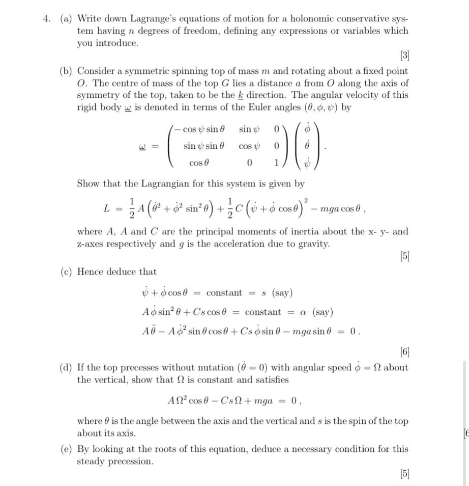 Solved 4. (a) Write down Lagrange's equations of motion for | Chegg.com