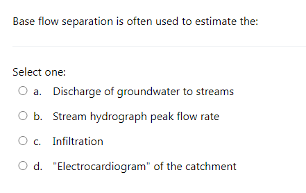 Solved Base flow separation is often used to estimate the: | Chegg.com