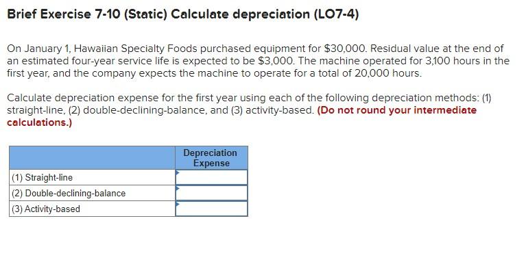 Solved Brief Exercise 7-10 (Static) Calculate depreciation | Chegg.com Solved Brief Exercise 7-10 (Static) Calculate depreciation | Chegg.com