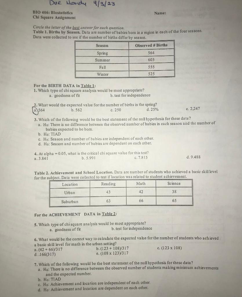 Solved Circle the letter of the best answer for each | Chegg.com