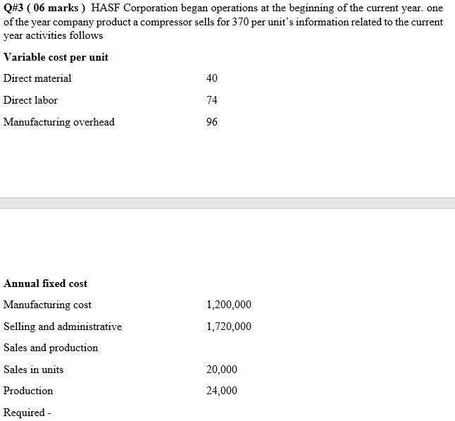 Solved Q#3 (06 marks ) HASF Corporation began operations at | Chegg.com