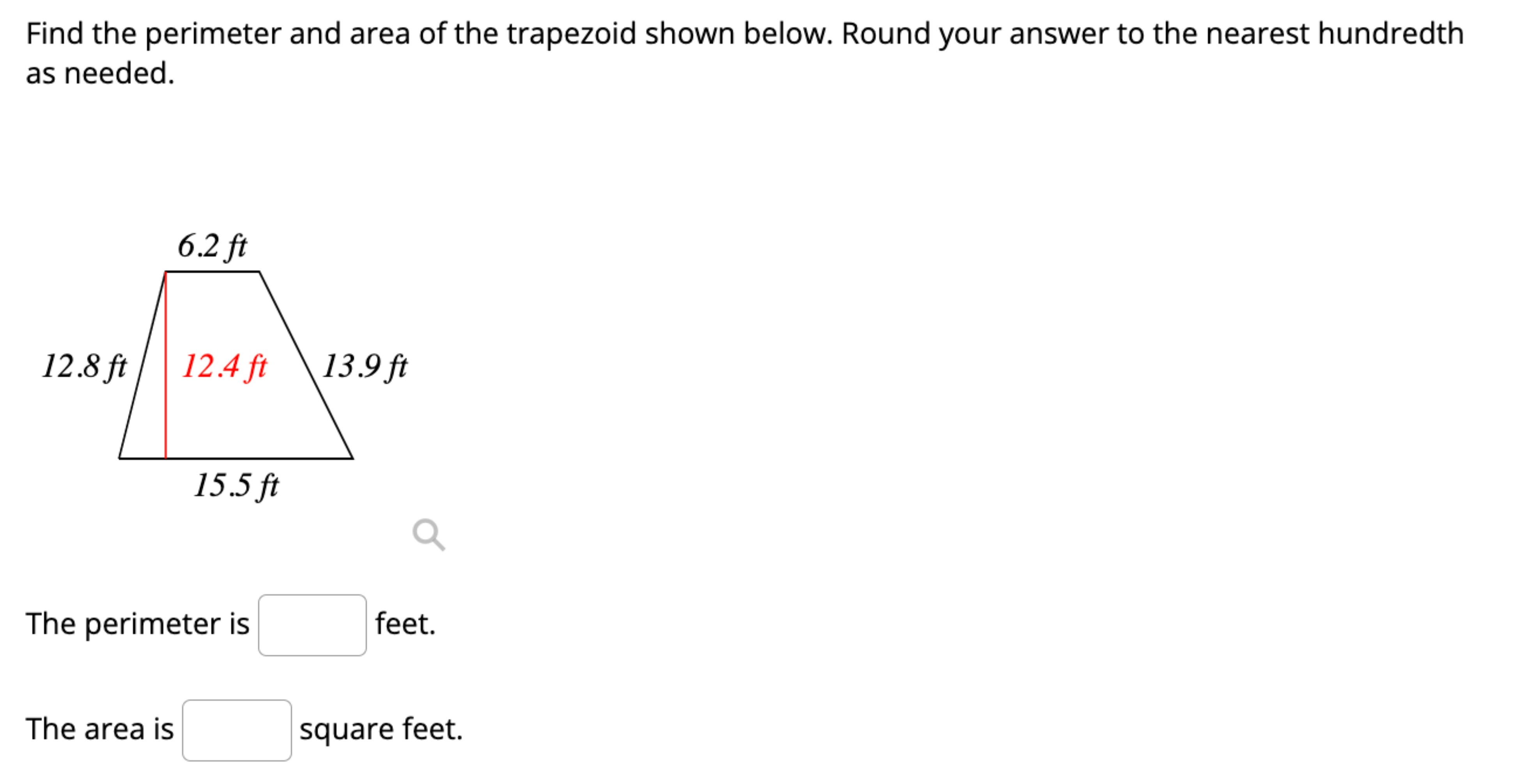 Solved Find the perimeter and area of the trapezoid shown | Chegg.com