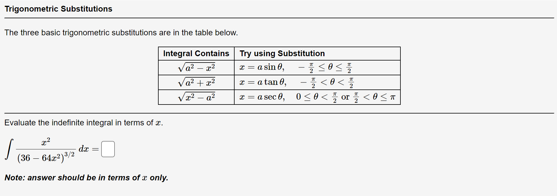Solved The three basic trigonometric substitutions are in | Chegg.com