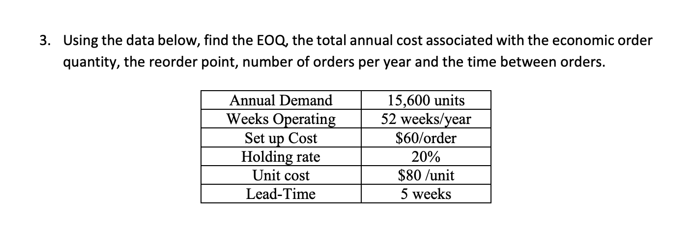 Solved 3. Using the data below, find the EOQ, the total | Chegg.com