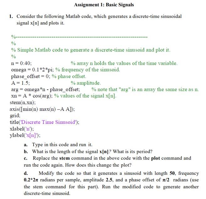 Solved Assignment 1: Basic Signals 1. Consider the following | Chegg.com