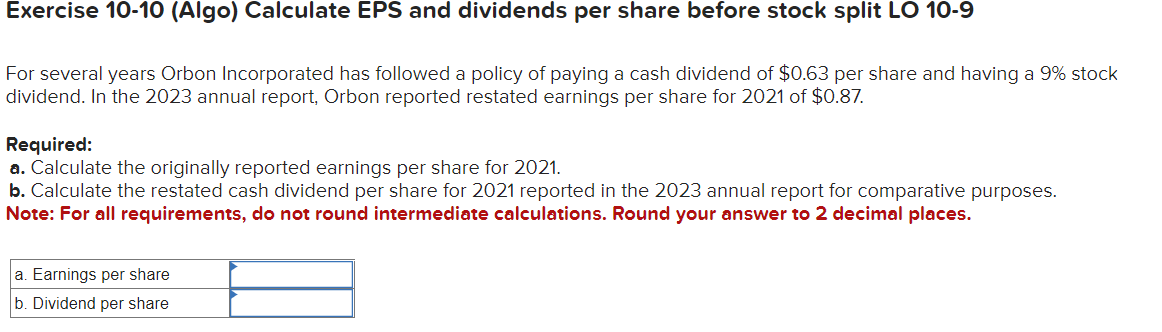 Solved Exercise 10-10 (Algo) Calculate EPS and dividends per | Chegg.com