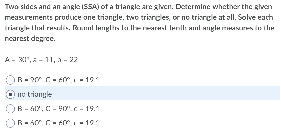 Solved Two sides and an angle (SSA) of a triangle are given. | Chegg.com