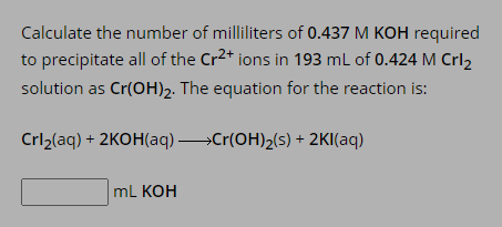 Solved Calculate the number of milliliters of 0.437 M KOH | Chegg.com