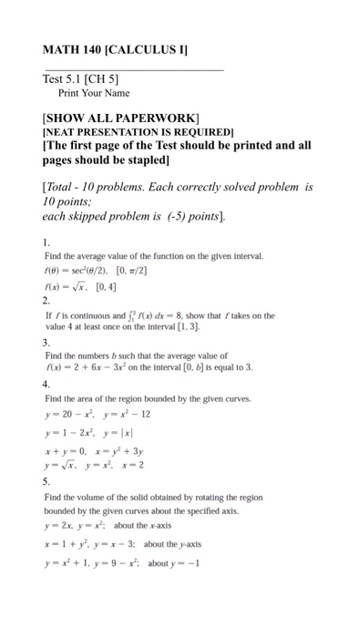 Solved MATH 140|CALCULUS 11 Test 5.1 [CH 5] Print Your Name | Chegg.com