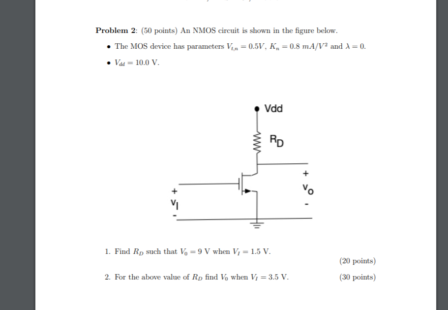 Solved Problem 2: (50 points) An NMOS circuit is shown in | Chegg.com