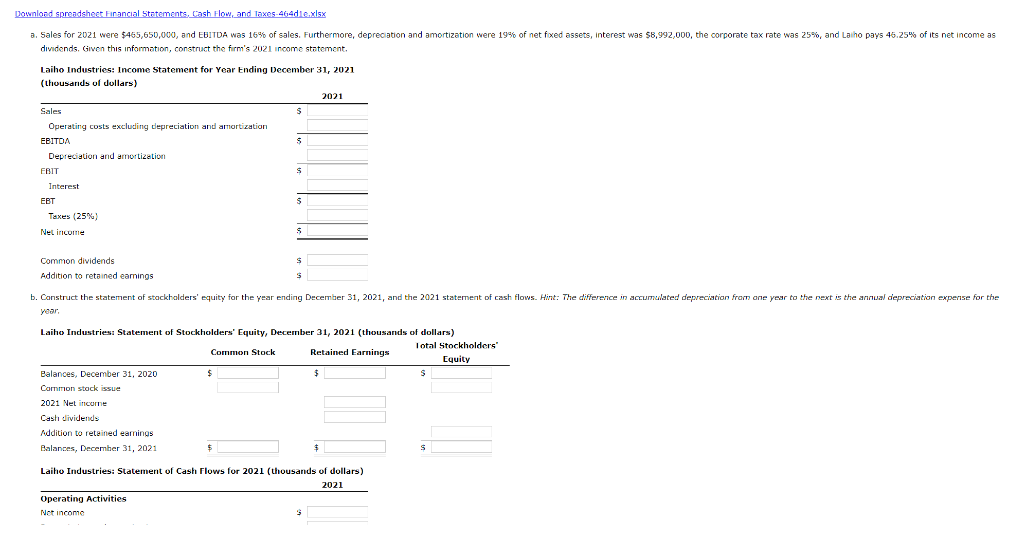 Solved unload spreadsheet Financial Statements, Cash Flow, | Chegg.com