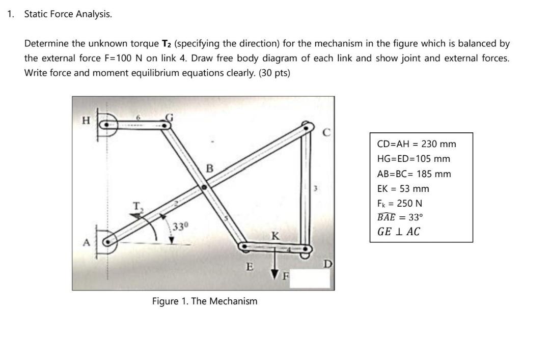 Solved 1. Static Force Analysis. Determine the unknown | Chegg.com