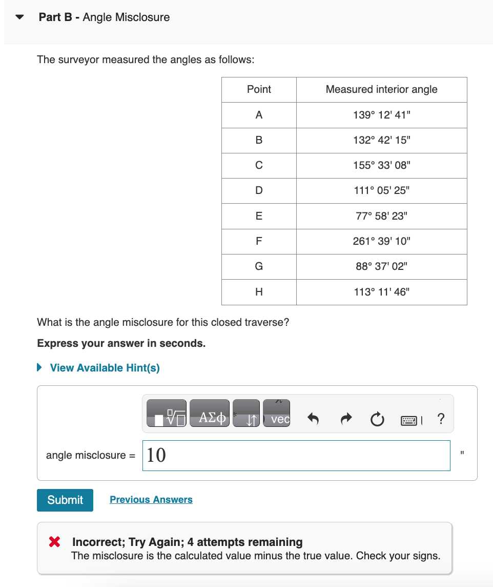 Solved The following interior angles (angle-to-the-right) of | Chegg.com
