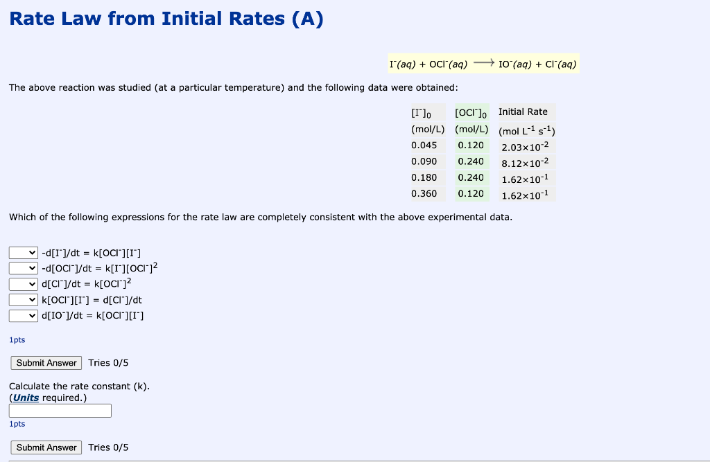 Solved Rate Law from Initial Rates (A) I(aq) + OCI (aq) | Chegg.com