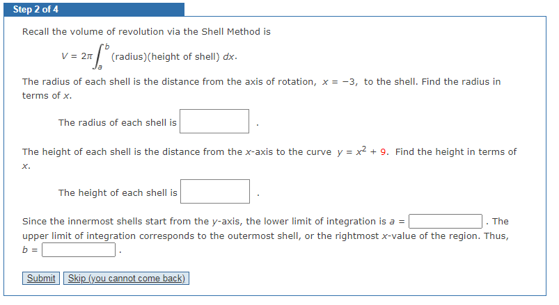 Solved Step 2 of 4 Recall the volume of revolution via the | Chegg.com