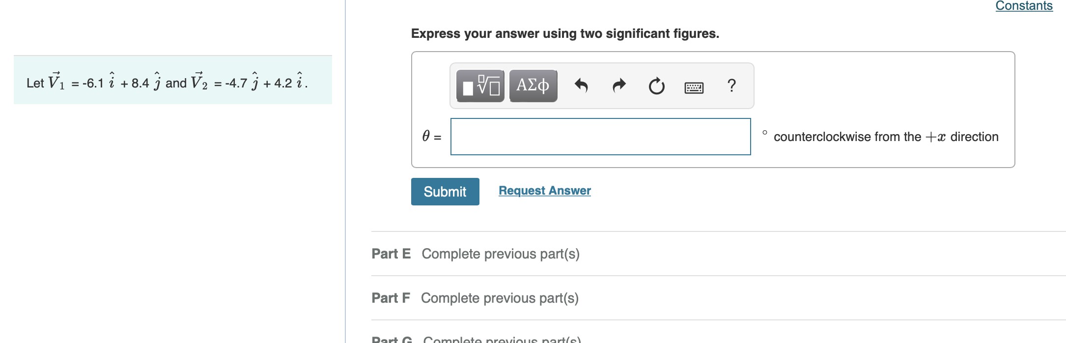 Solved Let V₁ = -6.1 î + 8.4 ↑ and V₂ = = -4.7 ĵ + 4.2 î. | Chegg.com