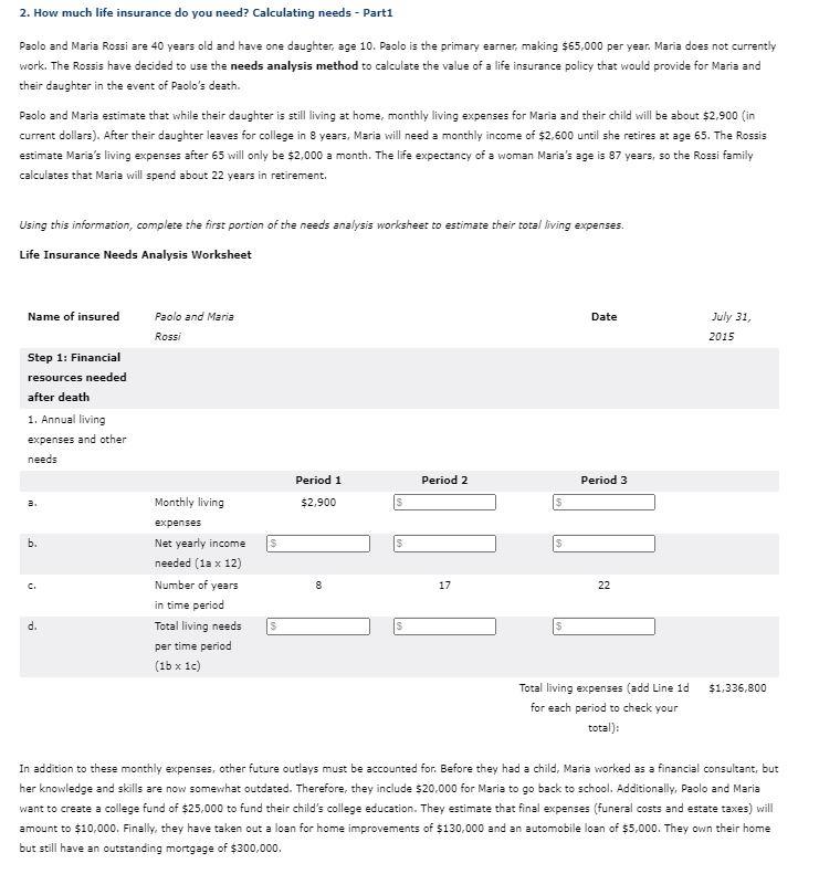 Solved 2. How much life insurance do you need? Calculating | Chegg.com
