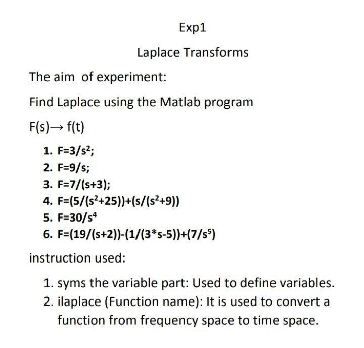 Solved Exp1 Laplace Transforms The aim of experiment: Find | Chegg.com
