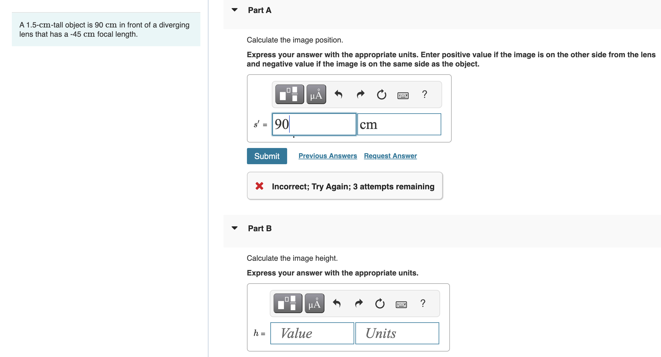 Solved A 1.5-cm-tall object is 90 cm in front of a diverging | Chegg.com