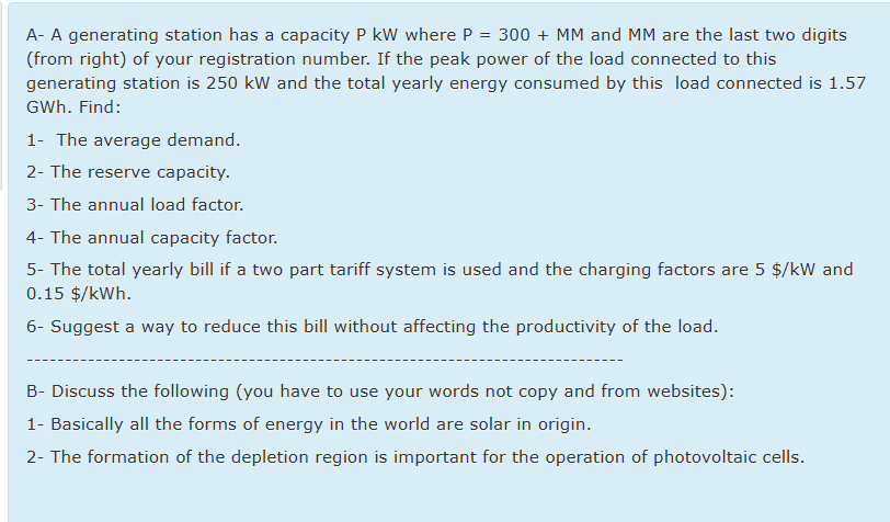 Solved A- ﻿A generating station has a capacity P kW where | Chegg.com
