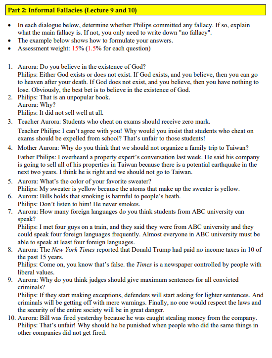 Part 2: Informal Fallacies (Lecture 9 and 10) • In | Chegg.com