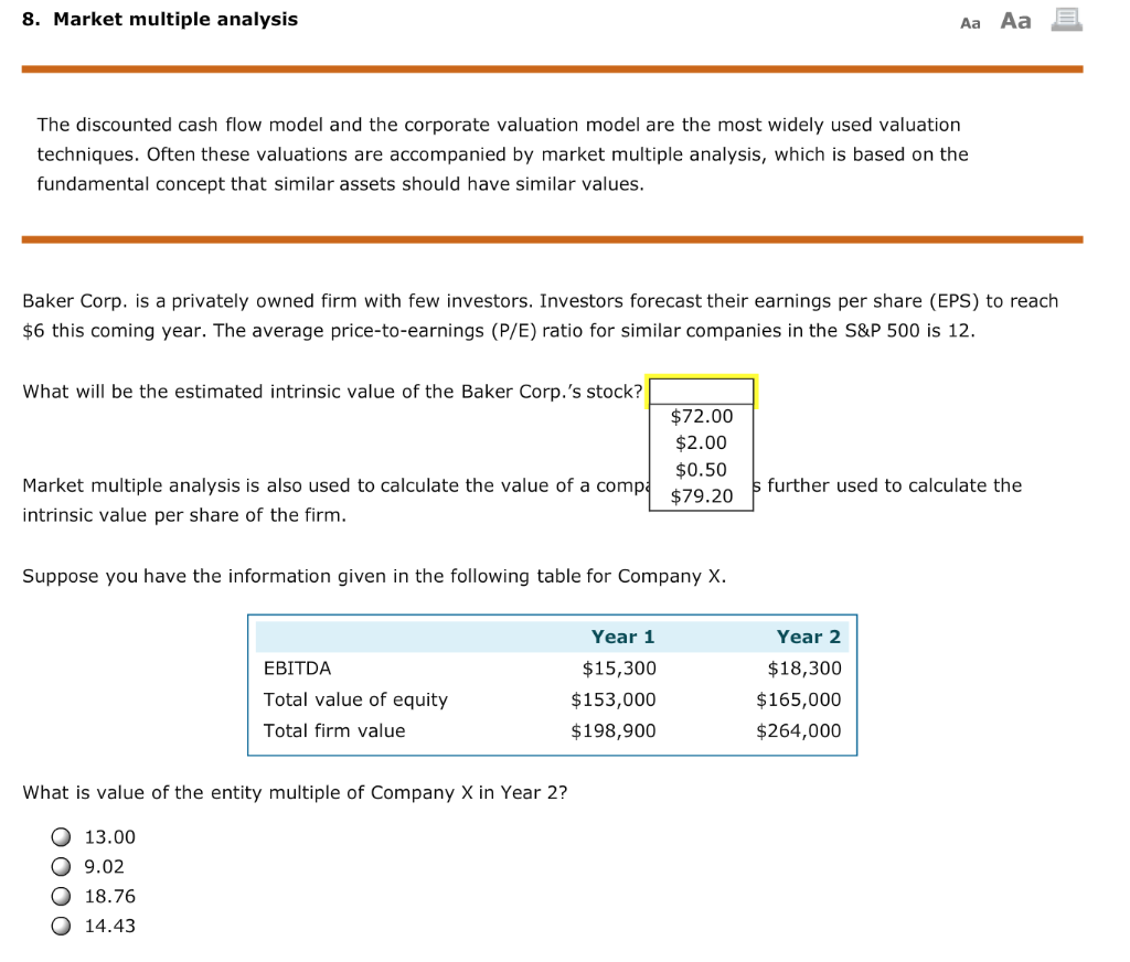 Solved 8. Market multiple analysis Aa Aa E The discounted | Chegg.com