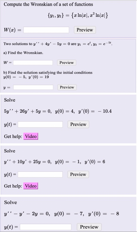 Solved Compute the Wronskian of a set of functions {y, 2}In, | Chegg.com