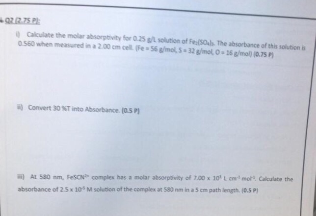 Solved 92(2.75 P Calculate the molar absorptivity for 0.25 | Chegg.com