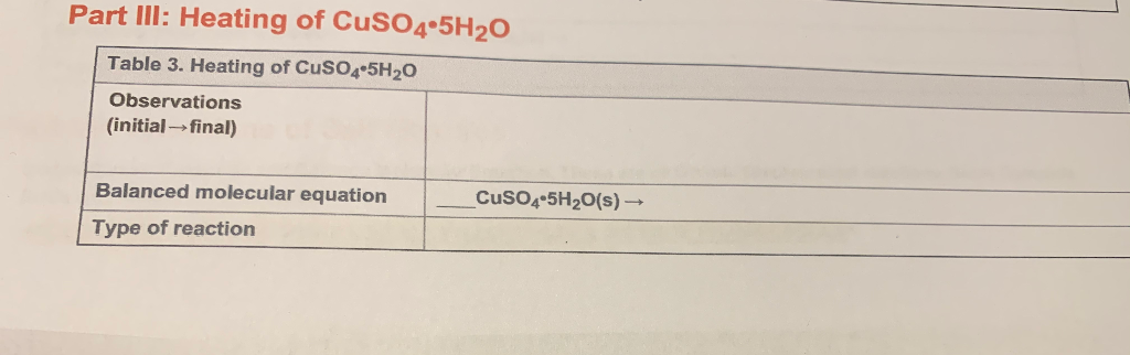 Solved Part III: Heating of CuSO4.5H20 Table 3. Heating of | Chegg.com