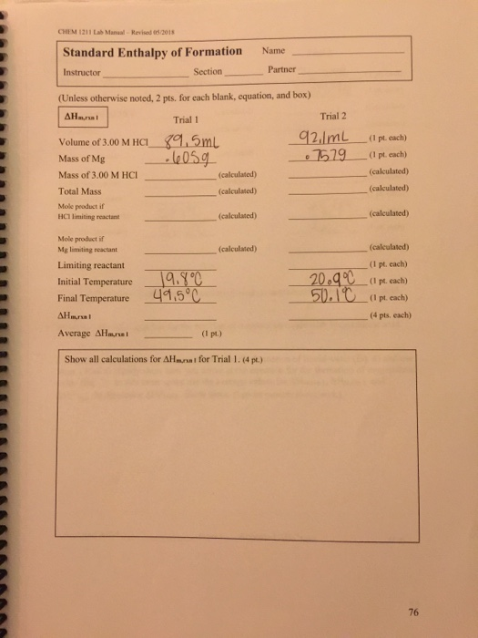 Solved CHEM 1211 Lab Manal Revised 05 201 Name Standard | Chegg.com