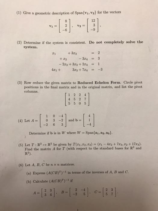 Solved (1) Give a geometric description of Span(v, v2) for | Chegg.com