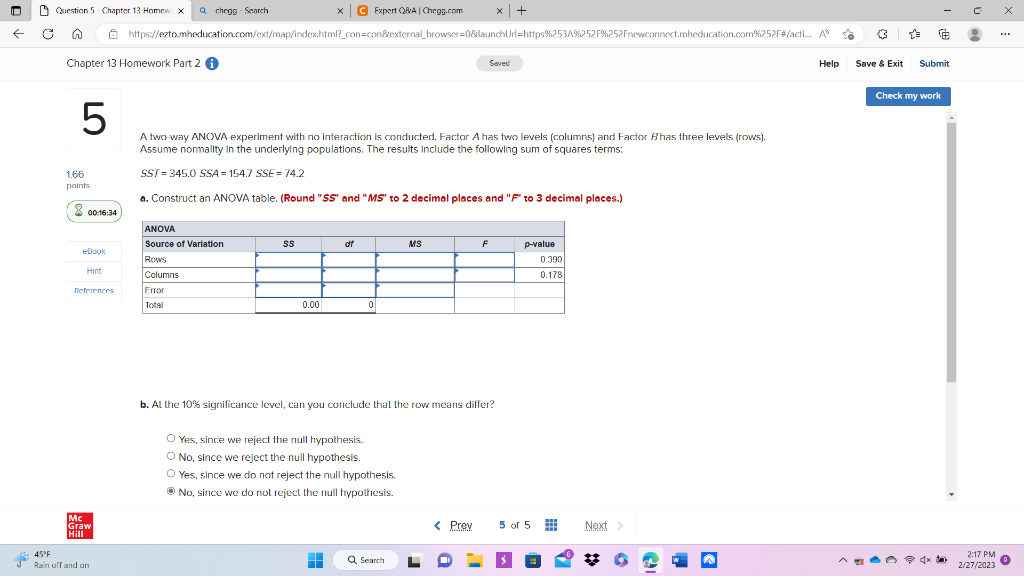Solved A two-way ANOVA experiment with no interaction is | Chegg.com