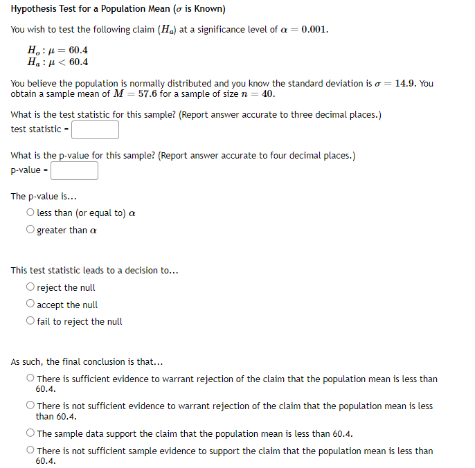 Hypothesis Test for a Population Mean ( \\( \\sigma | Chegg.com