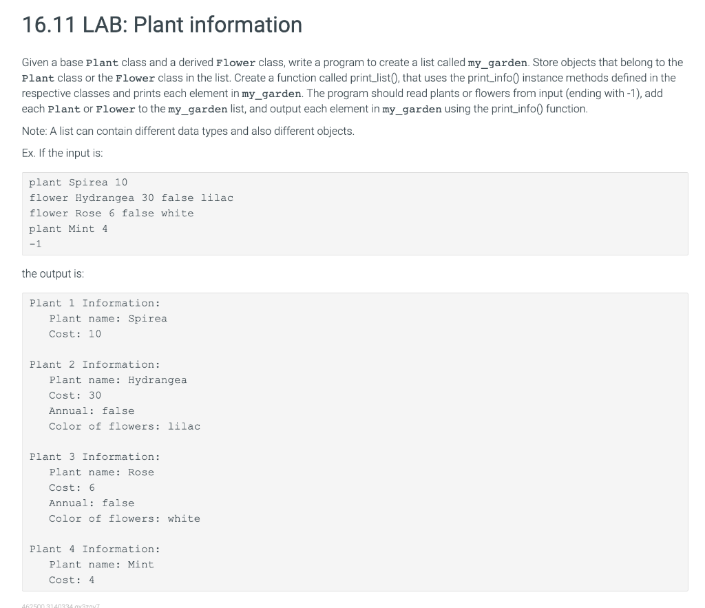 Solved 16.11 LAB: Plant information Given a base Plant class | Chegg.com Solved 16.11 LAB: Plant information Given a base Plant class | Chegg.com