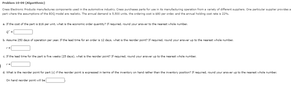 Solved Problem 10-09 (Algorithmic) Cress Electronic Products | Chegg.com