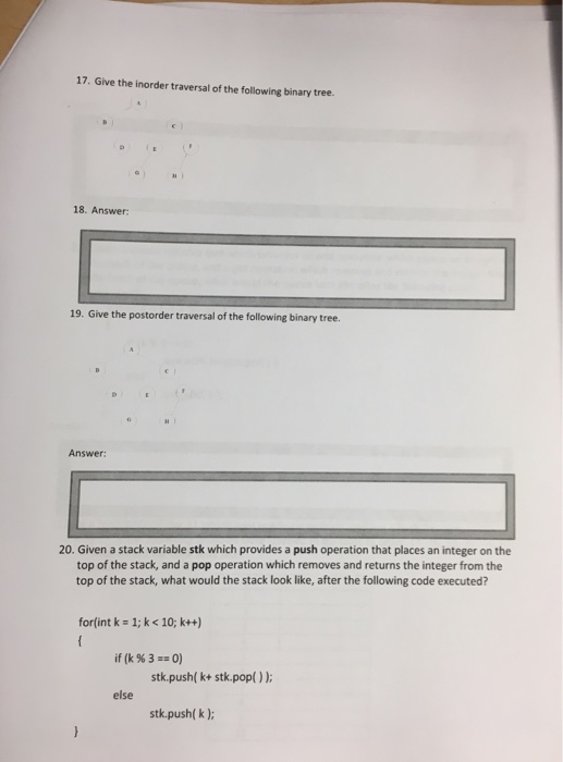 Solved Give the inorder traversal of the following binary | Chegg.com
