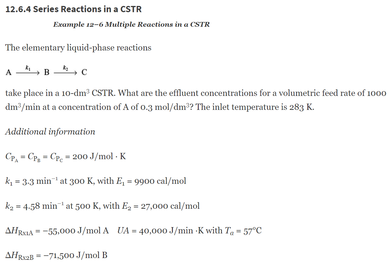 12.6.4 Series Reactions in a CSTR Example 12-6 | Chegg.com