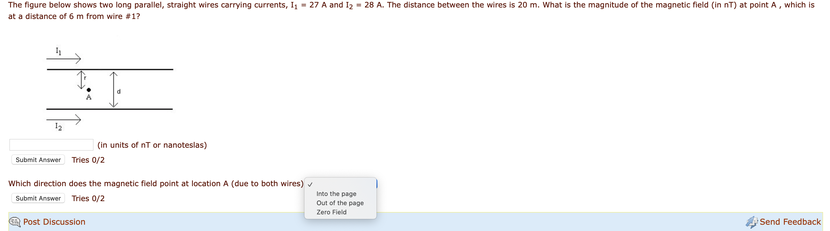 Solved = = 28 A. The distance between the wires is 20 m. | Chegg.com