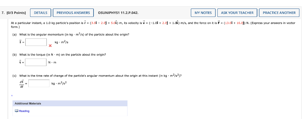 Solved At a particular instant, a 1.0 kg particle's position | Chegg.com