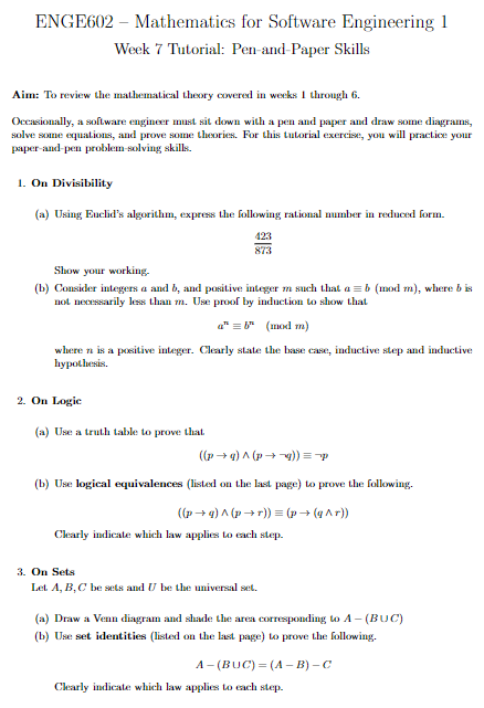 Solved ENGE602 - Mathematics for Software Engineering 1 Week | Chegg.com